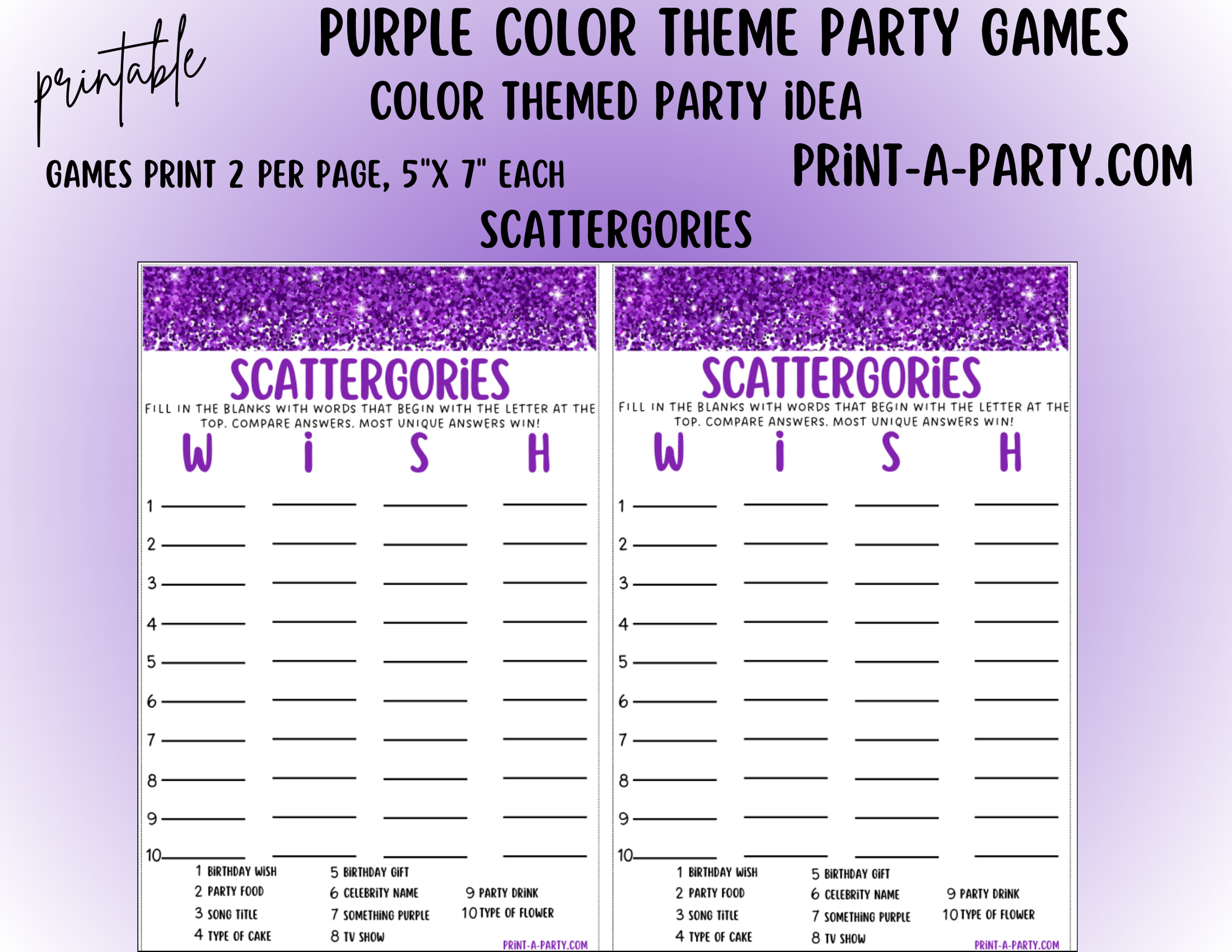 Color Party Games Printable Purple Color Party Theme Games Bundle (5x7 ...