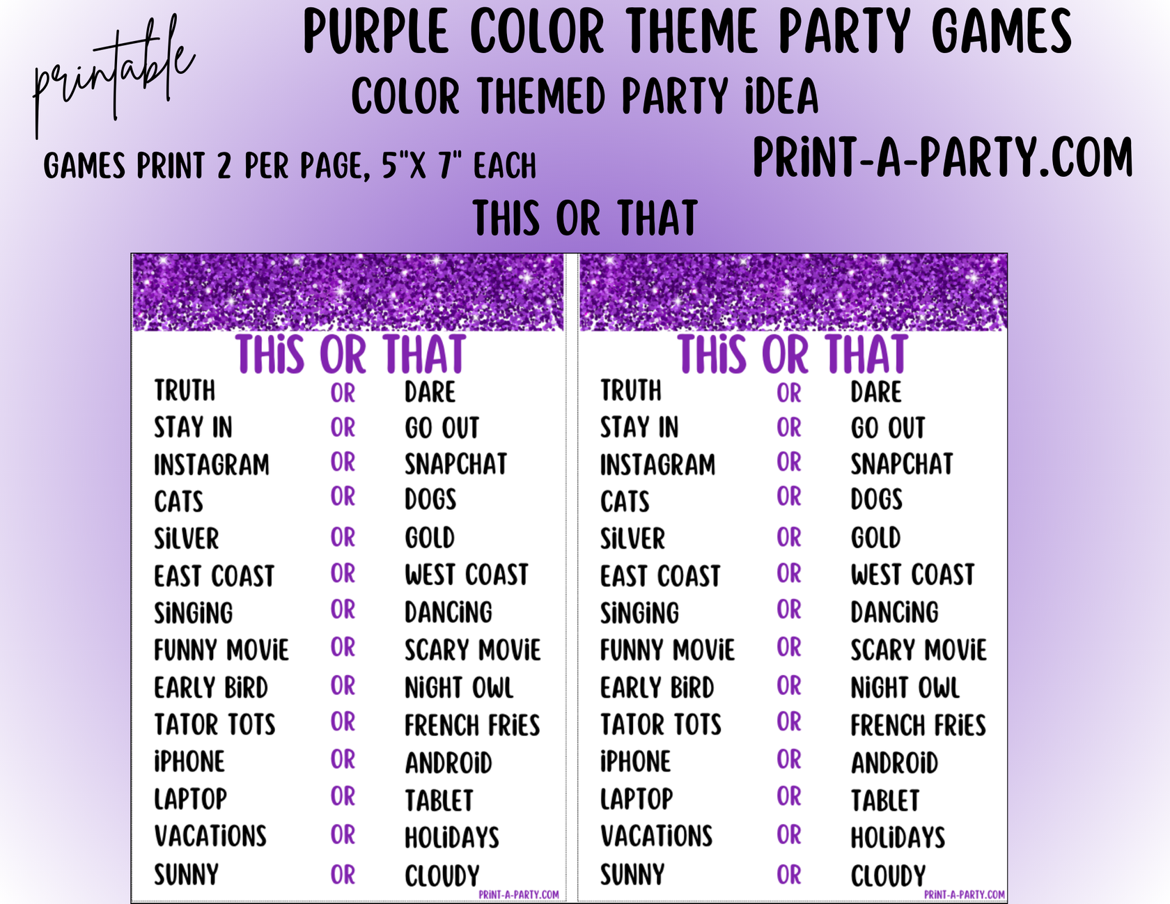 Color Party Games Printable Purple Color Party Theme Games Bundle (5x7 ...