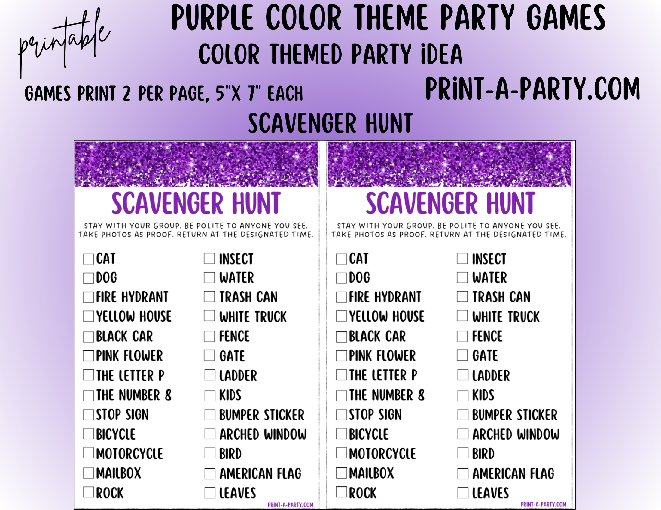 Color Party Games Printable Purple Color Party Theme Games Bundle (5x7 ...