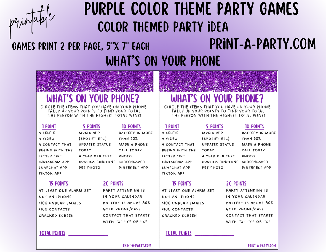 Color Party Games Printable Purple Color Party Theme Games Bundle (5x7 ...