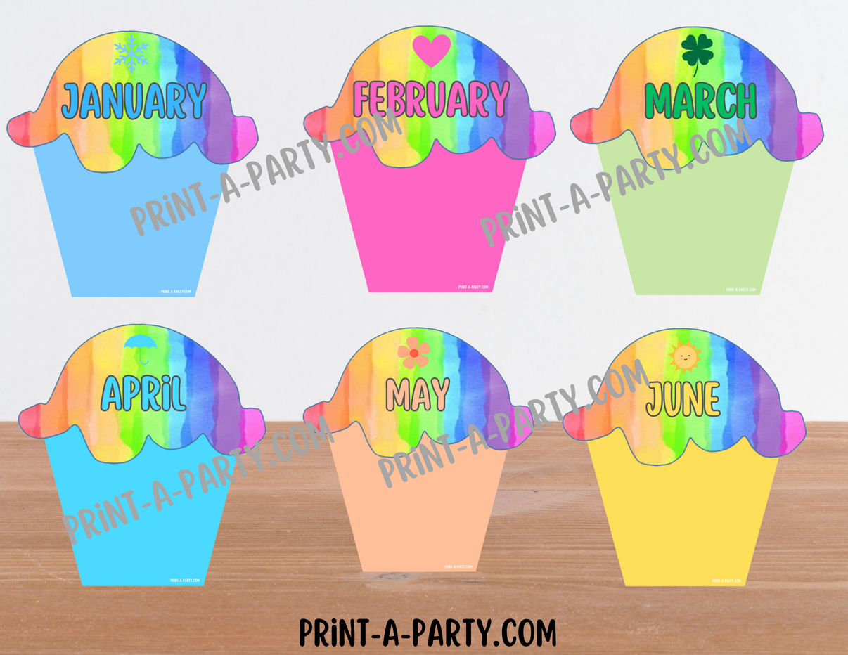 Birthday Bulletin Board Printable Display - Monthly Rainbow Cupcake Th ...