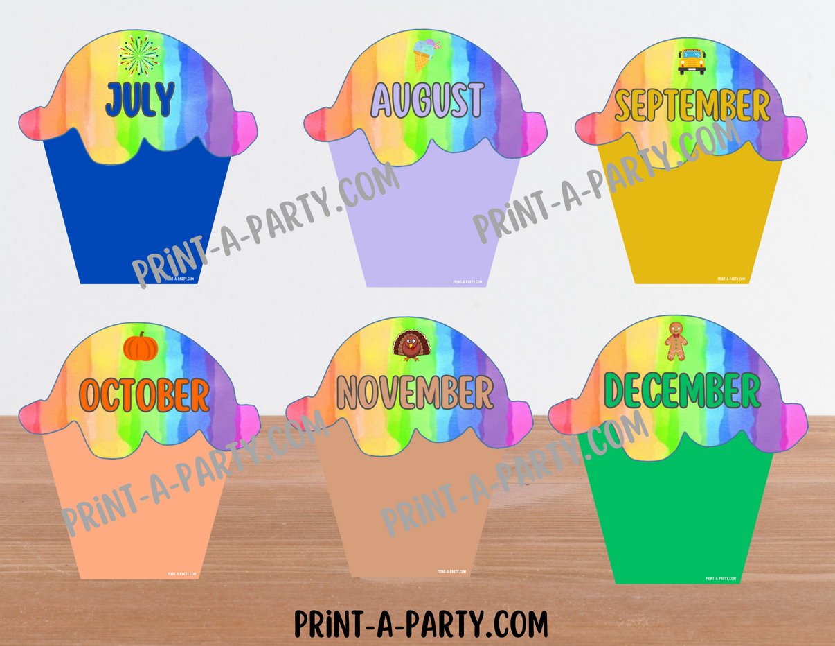 Birthday Bulletin Board Printable Display - Monthly Rainbow Cupcake Th ...