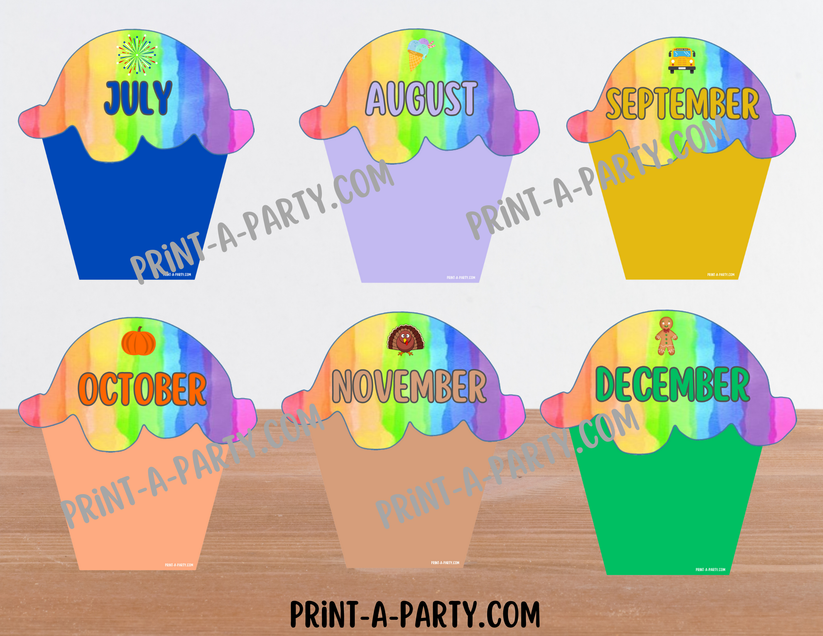 Birthday Bulletin Board Printable Display - Monthly Rainbow Cupcake Th ...