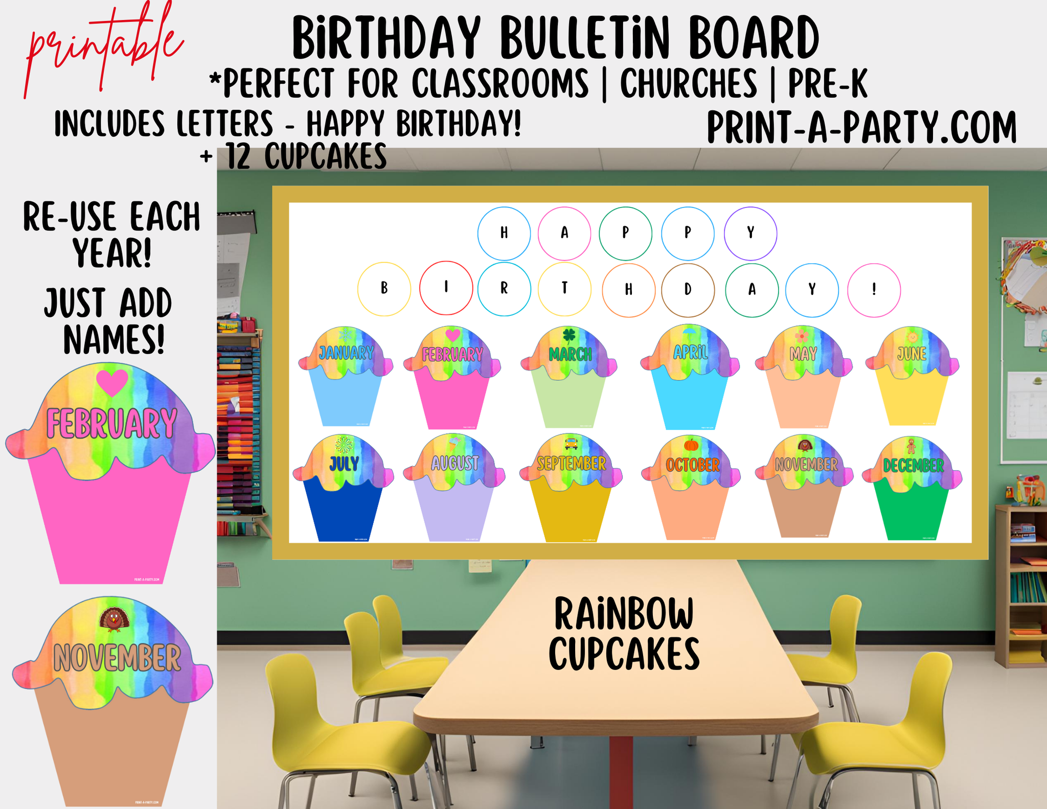 Birthday Bulletin Board Printable Display - Monthly Rainbow Cupcake Th ...