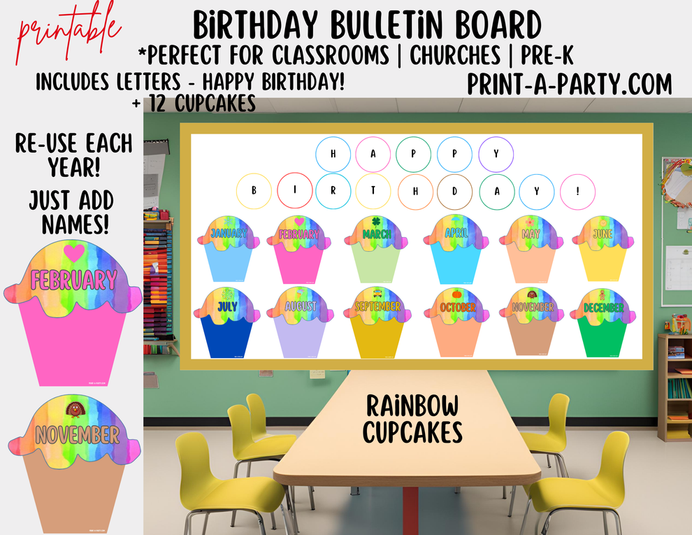Birthday Bulletin Board Printable Display - Monthly Rainbow Cupcake Th ...