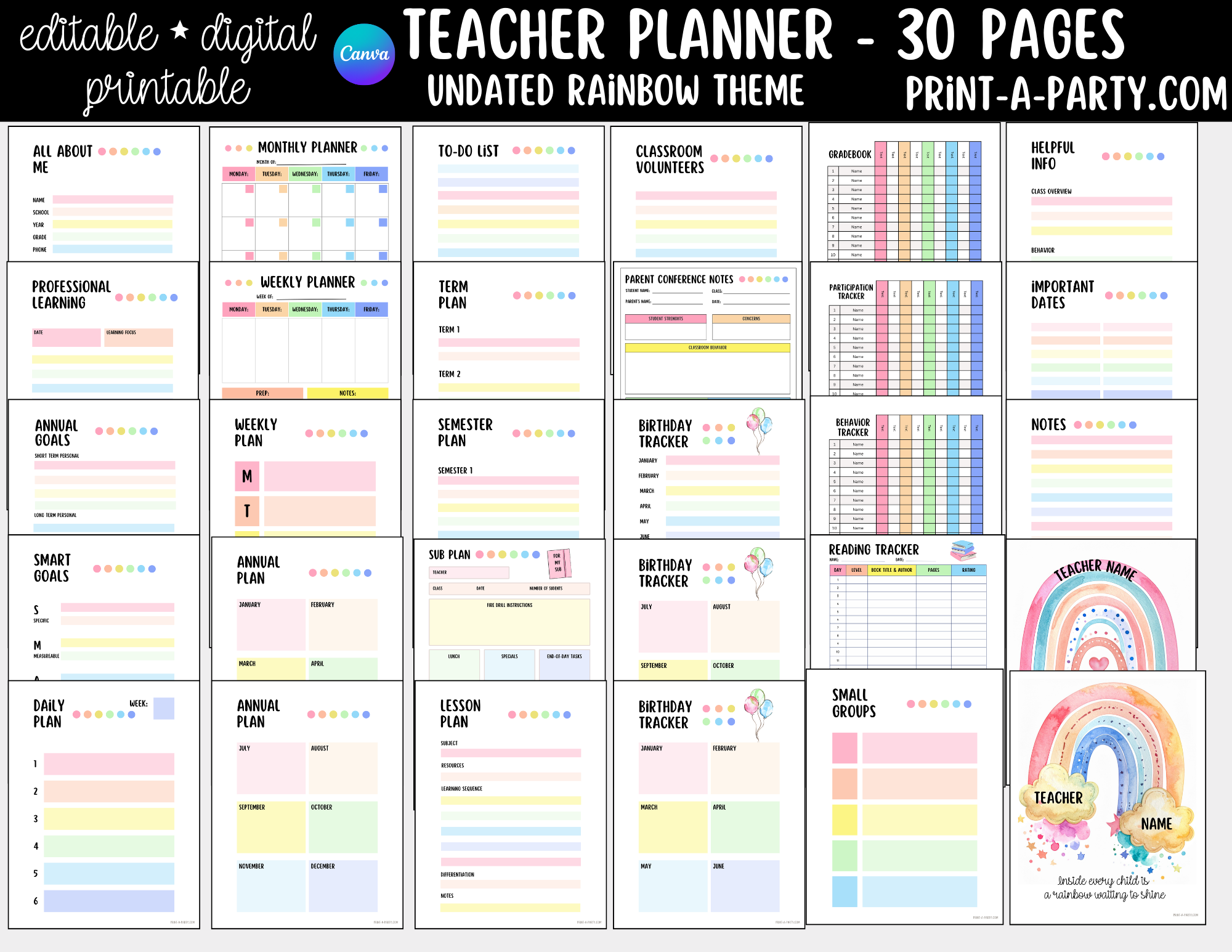 Editable Teacher Planner Canva Template | Rainbow Undated 30-Page Plan ...