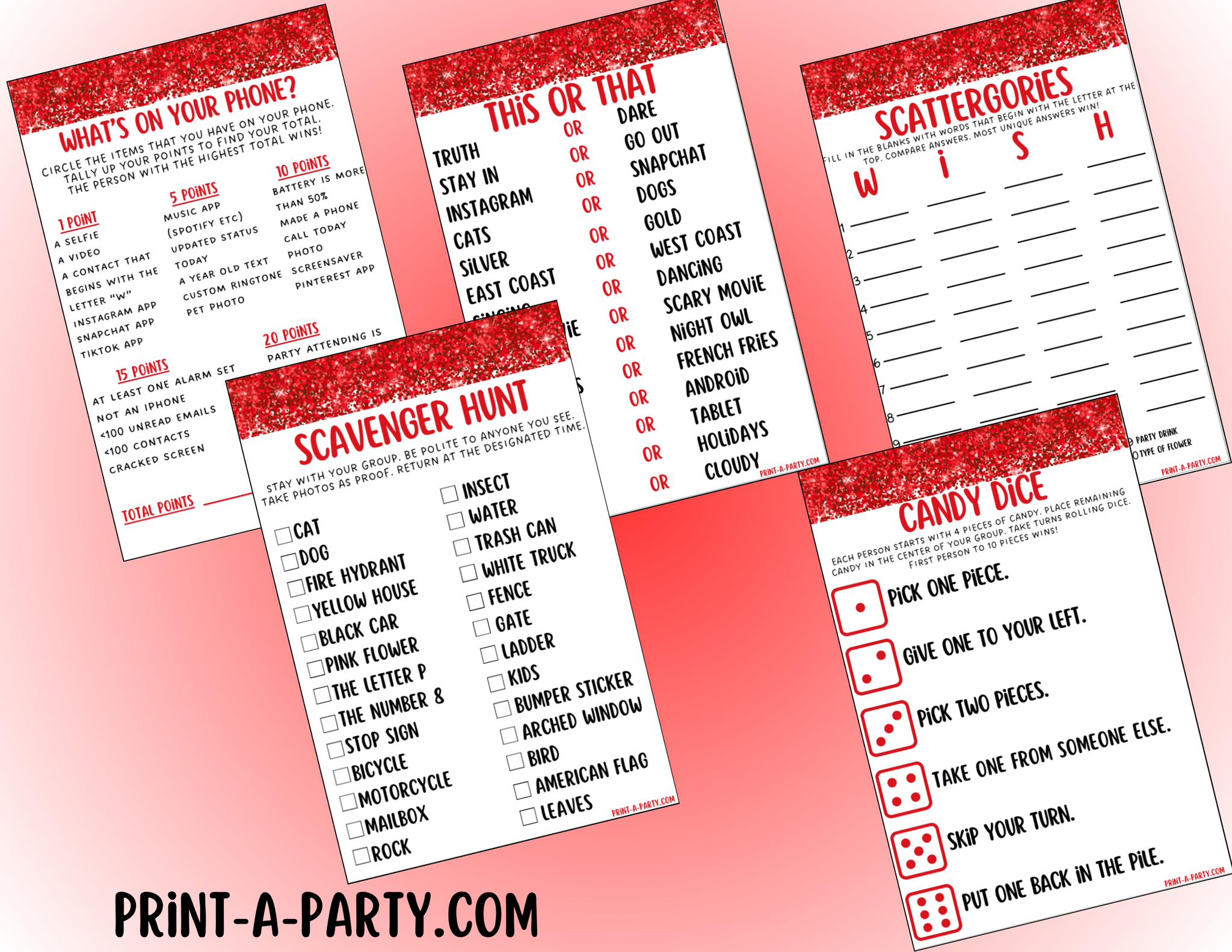Color Party Games Printable Red Color Party Theme Games Bundle (5x7 In ...
