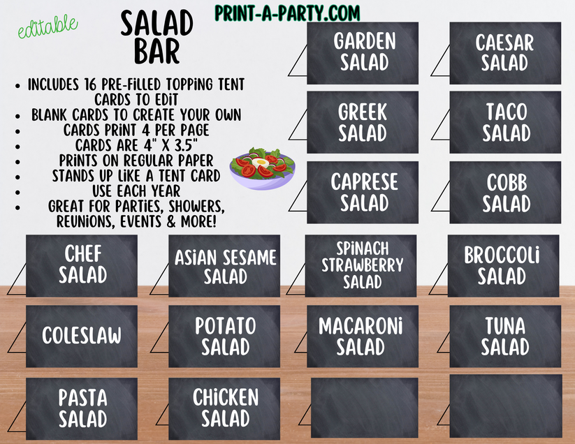 Editable SALAD BAR - Chalkboard - Printable Sign and Food Labels - For ...