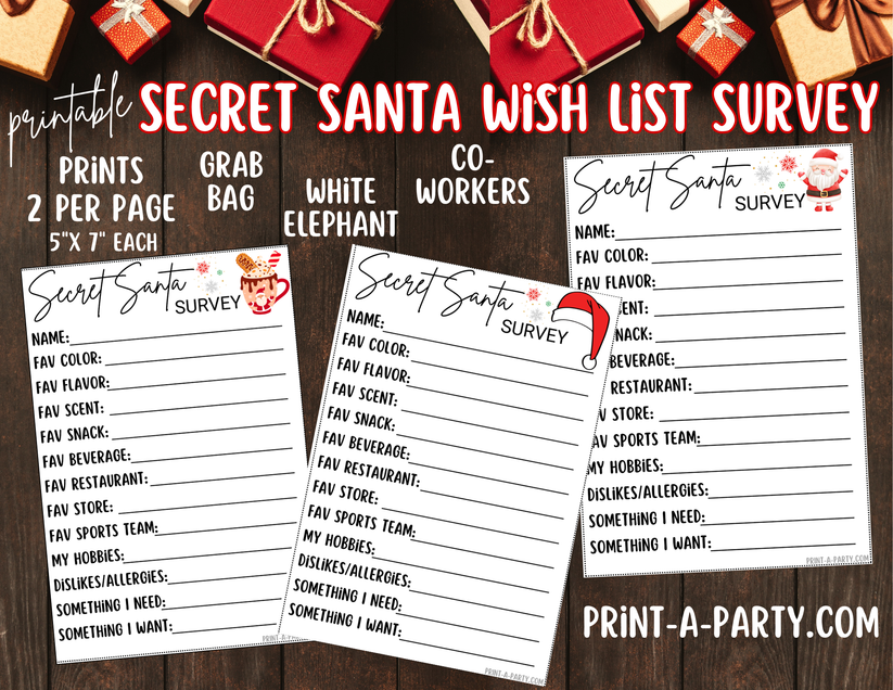 SECRET SANTA SURVEY Printable Secret Santa Wish List – Holiday Gift Ex ...