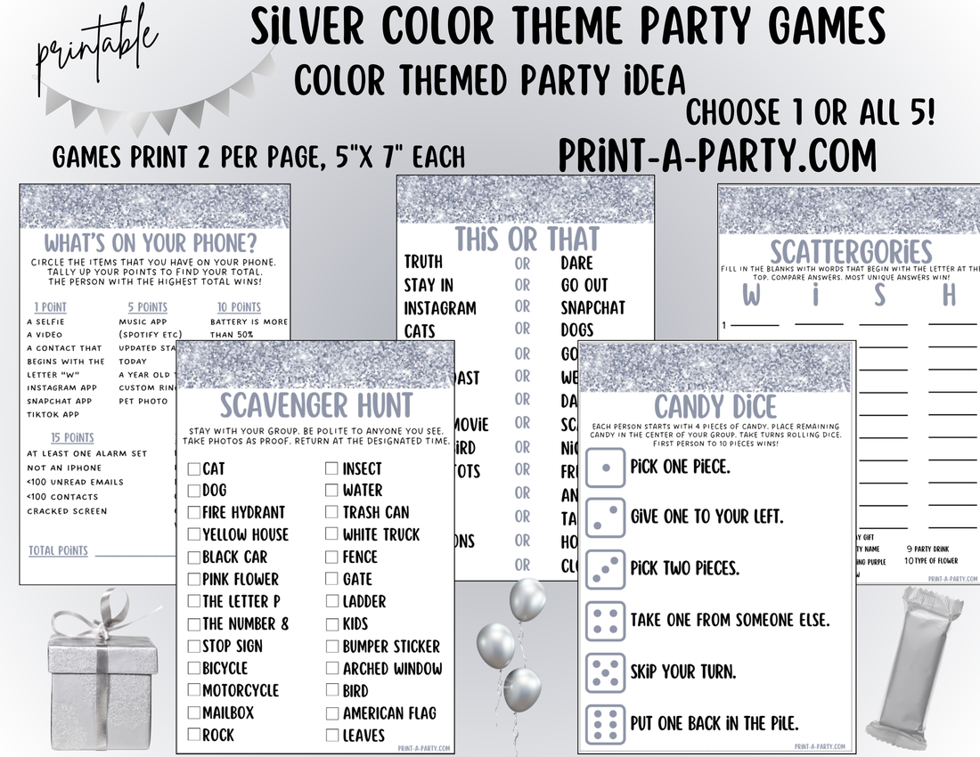 Color Party Games Printable Silver Color Party Theme Games Bundle (5x7 ...