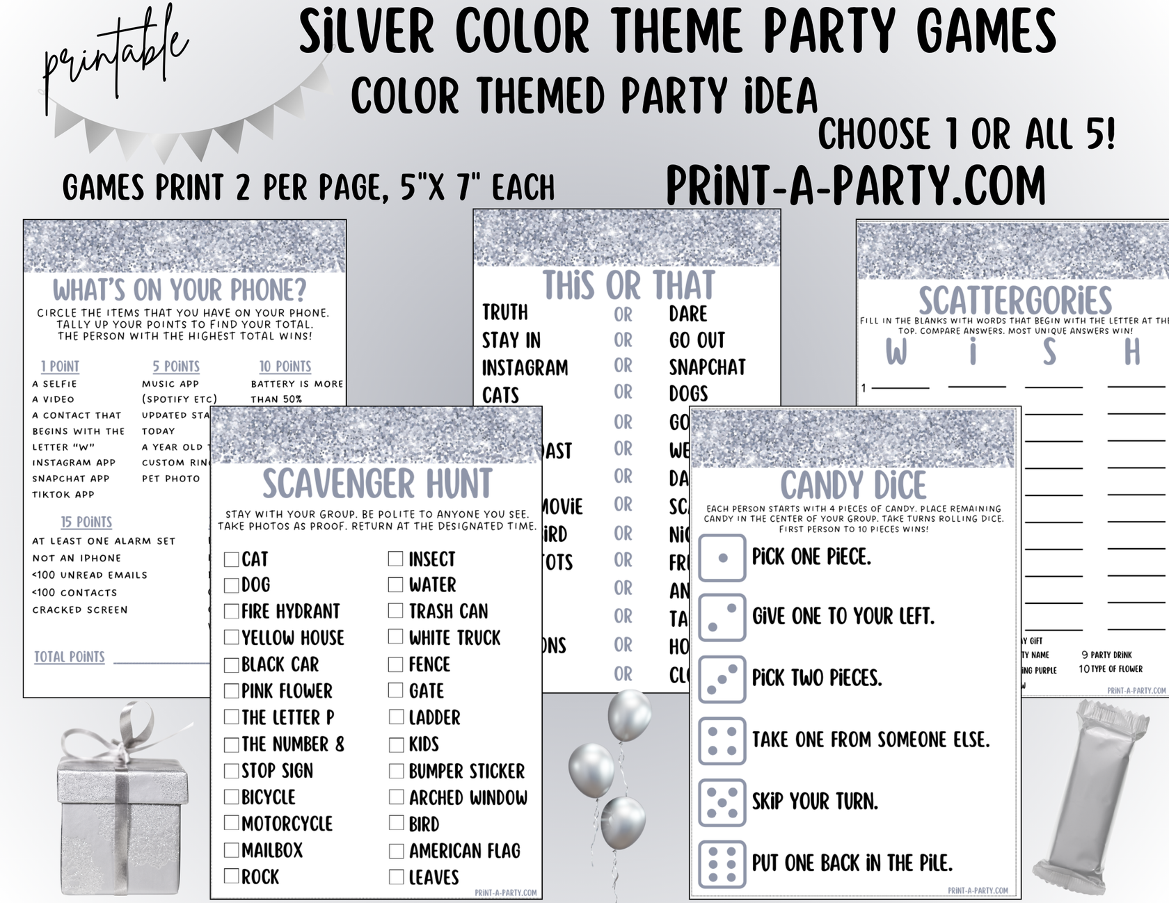 Color Party Games Printable Silver Color Party Theme Games Bundle (5x7 ...