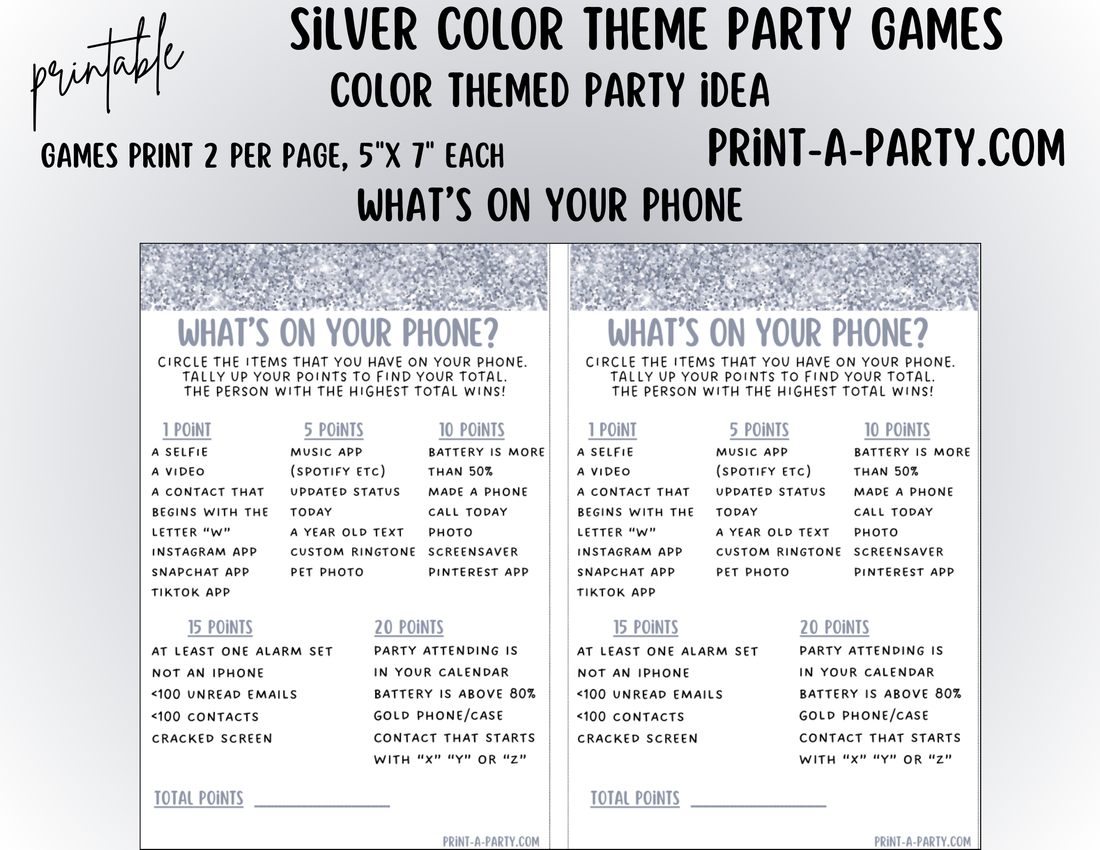 Color Party Games Printable Silver Color Party Theme Games Bundle (5x7 ...