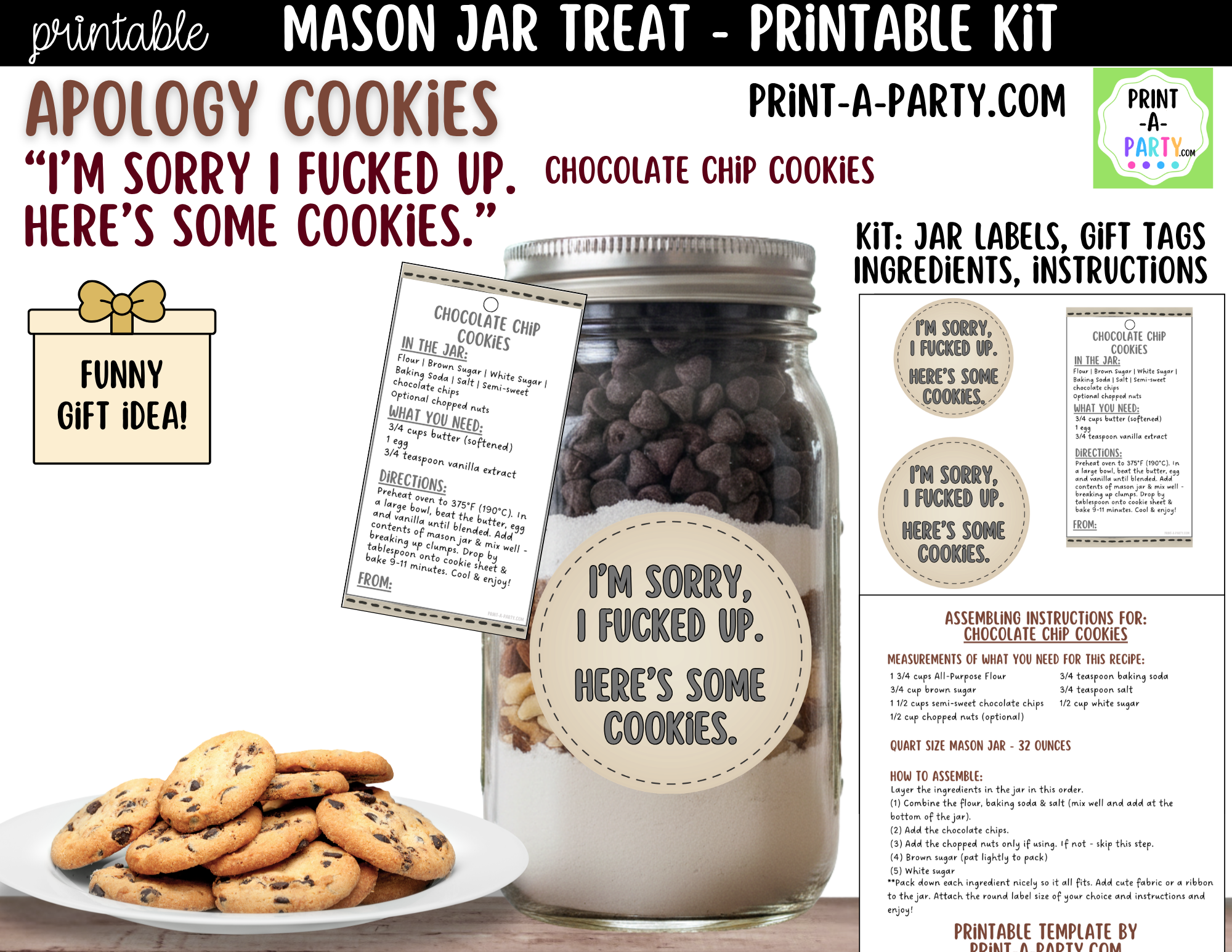 Apology (Dark Humor) Cookies in a Mason Jar Gift Printable Kit - Label ...