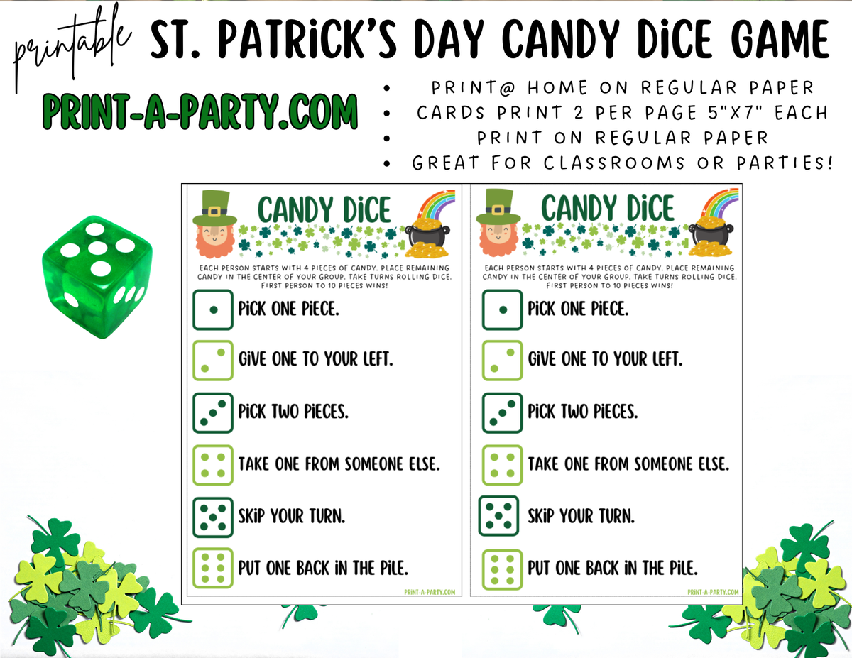 DICE GAME: St. Patrick's Day Candy Dice Game Printable, Holiday Classr ...
