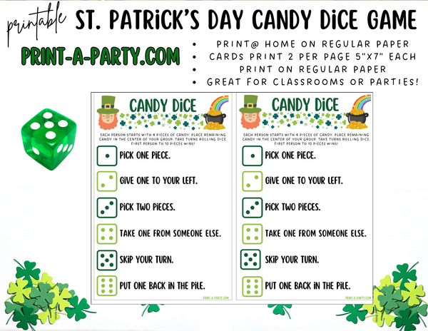 DICE GAME: St. Patrick's Day Candy Dice Game Printable, Holiday Classr ...
