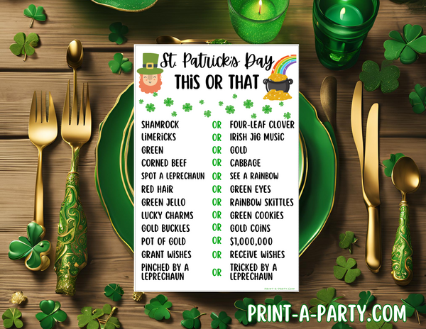 Printable St. Patrick's Day This or That Game | Leprechaun This or That ...