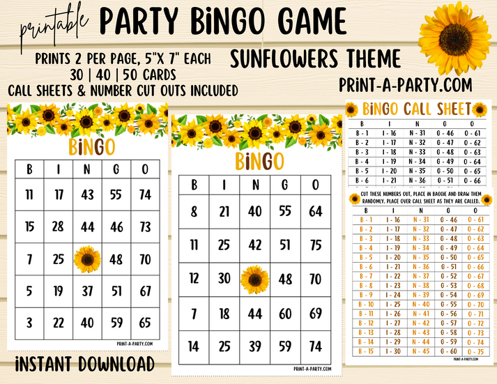 Printable Sunflower Bingo Game - 30, 40, 50 cards + call sheets ...