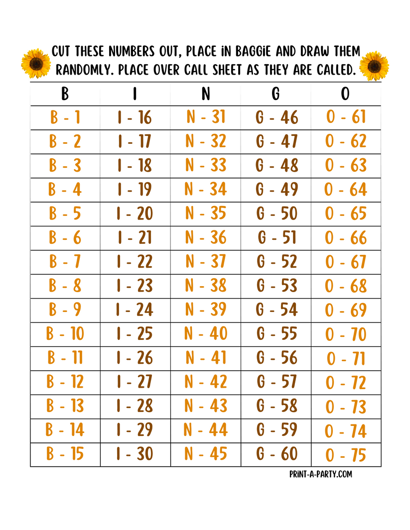 Printable Sunflower Bingo Game - 30, 40, 50 cards + call sheets ...