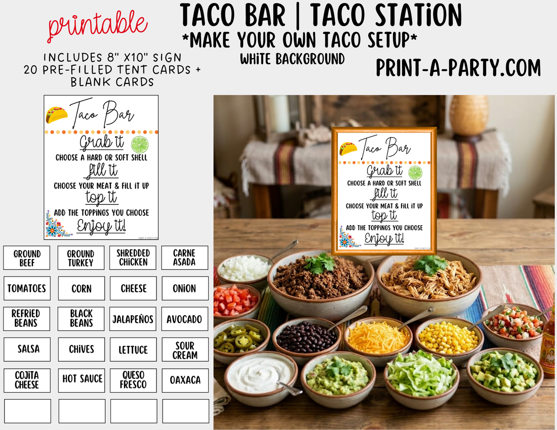 TACO BAR Printable Sign and Topping Tent Cards - Party Event Buffet De ...