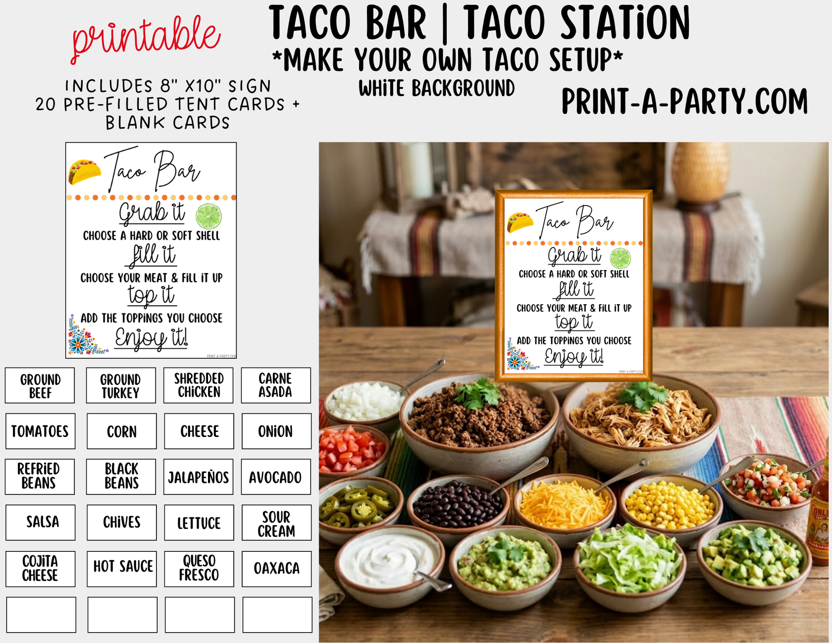 TACO BAR Printable Sign and Topping Tent Cards - Party Event Buffet De ...