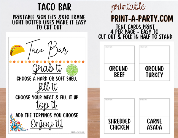 TACO BAR Printable Sign and Topping Tent Cards - Party Event Buffet De ...