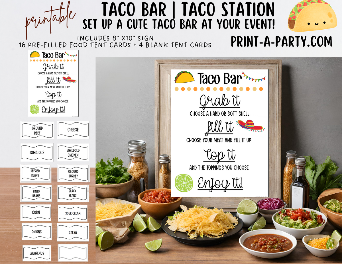 Printable TACO BAR Setup in WHITE | Make your own Tacos Sign | Taco Bar ...