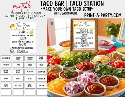 TACO BAR - White - Printable Sign and Food Labels - For Parties, Showe ...