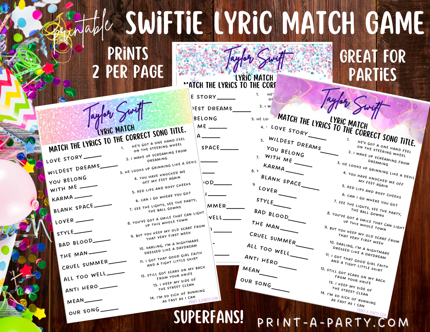 Swiftie Lyric Match Game Printable – Taylor-Inspired Party Game (5x7 ...