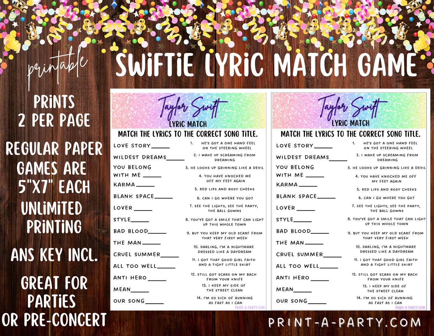 Swiftie Lyric Match Game Printable – Taylor-Inspired Party Game (5x7 ...