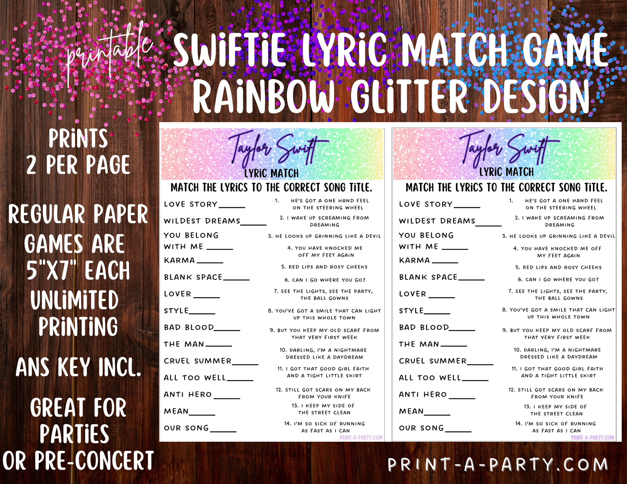 Swiftie Lyric Match Game Printable – Taylor-Inspired Party Game (5x7 ...