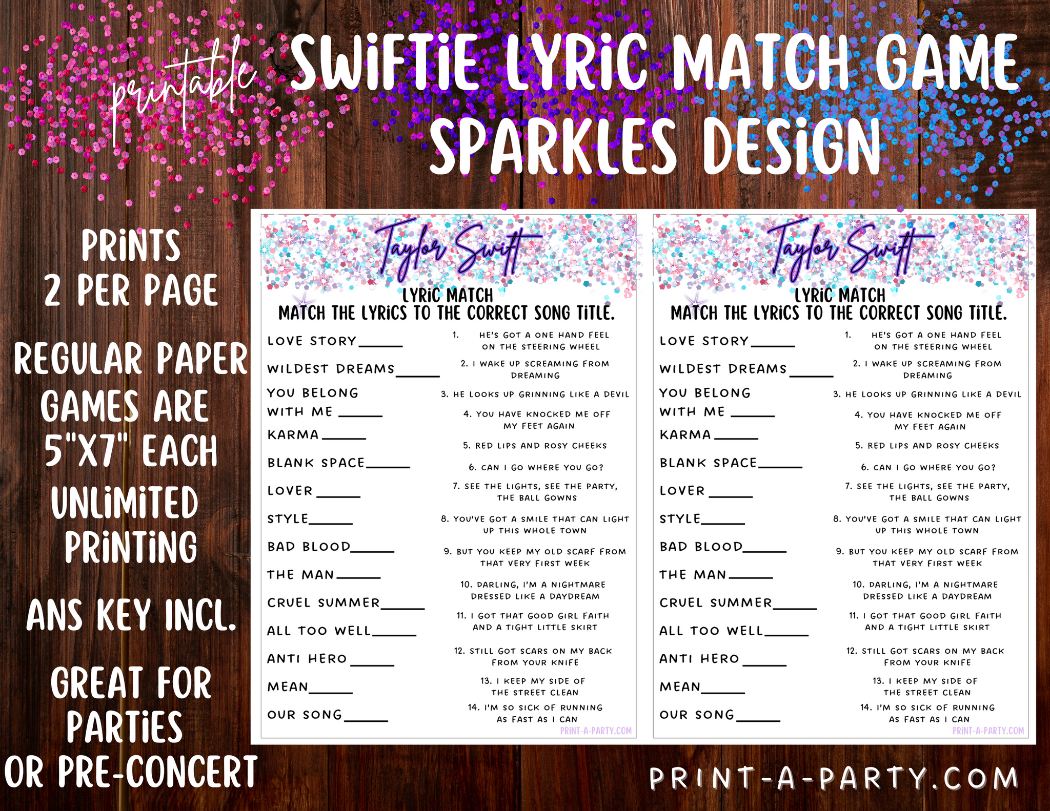 Swiftie Lyric Match Game Printable – Taylor-Inspired Party Game (5x7 ...