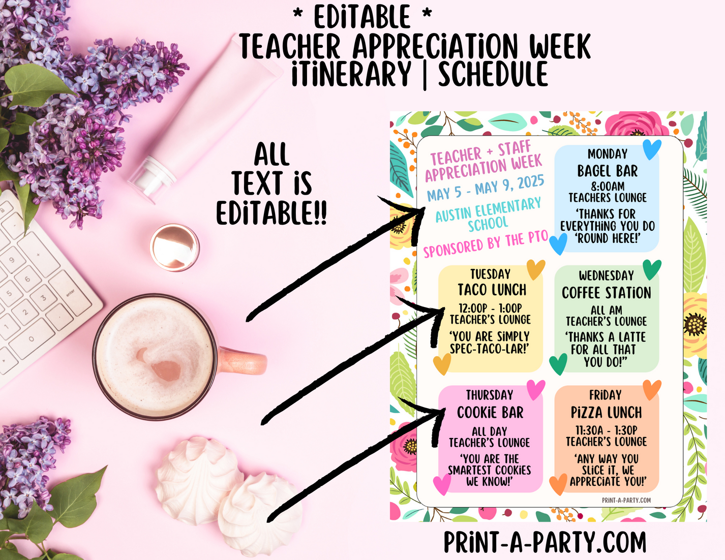Teacher Appreciation Week Editable Weekly Schedule - Floral | Printabl ...
