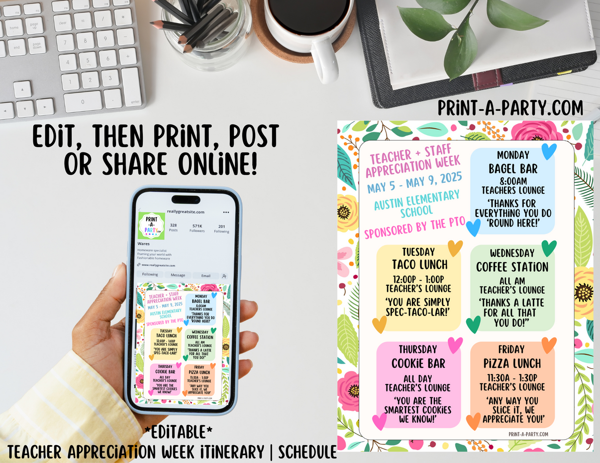 Teacher Appreciation Week Editable Weekly Schedule - Floral | Printabl ...