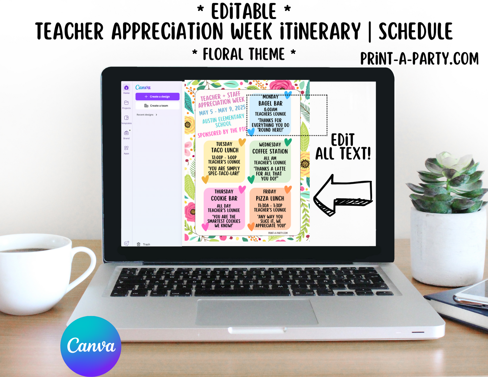 Teacher Appreciation Week Editable Weekly Schedule - Floral | Printabl ...