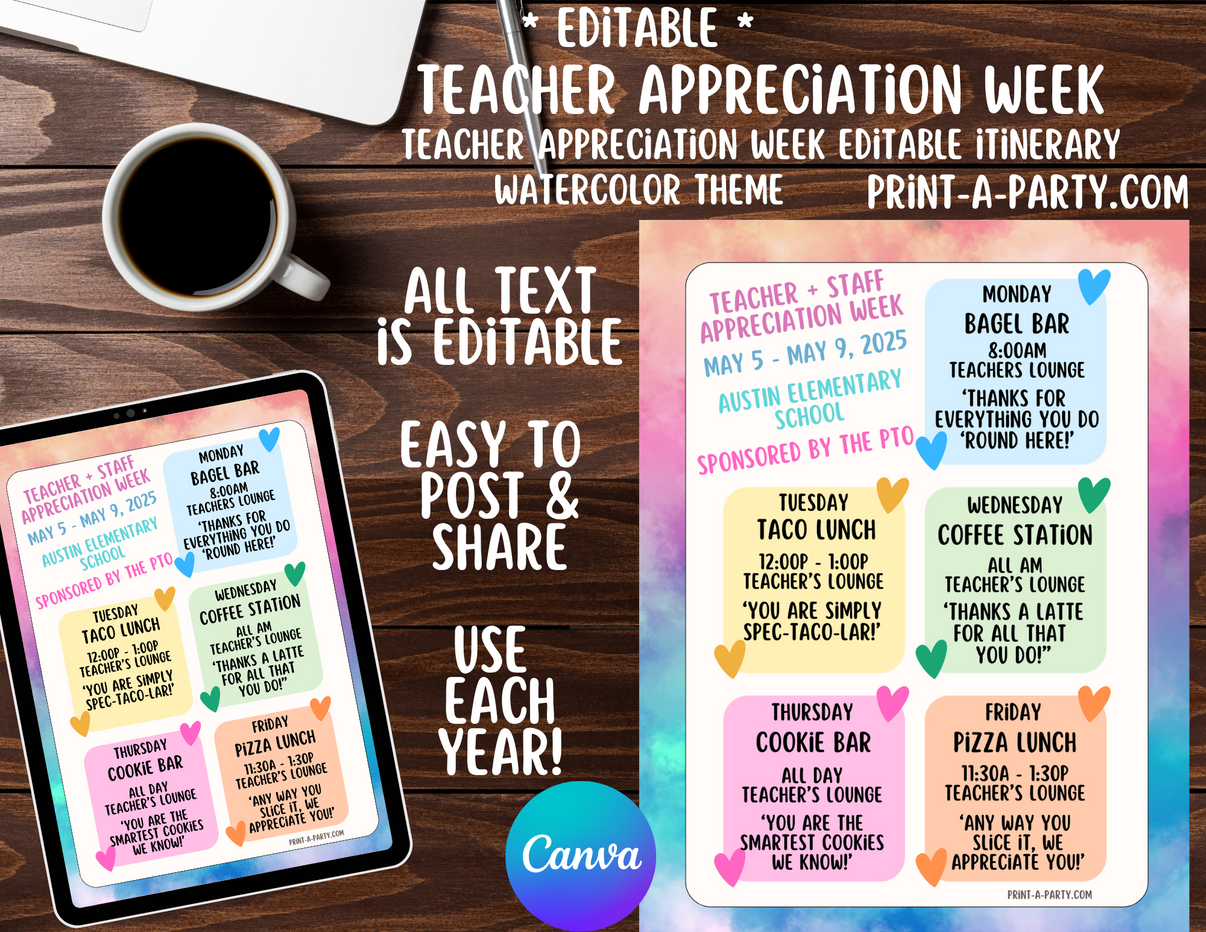 Editable Appreciation Week Itinerary Schedule Template - edit all text ...