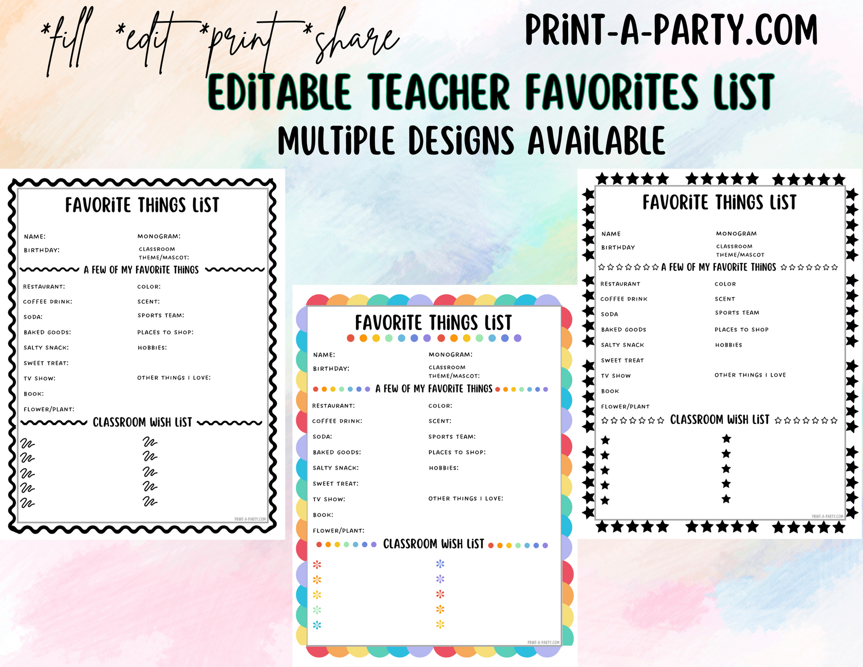 Teacher Favorite Things List - Edit via a Fillable PDF - Printable, Sh ...