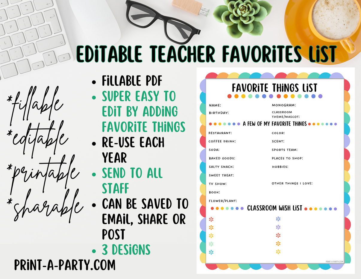 Teacher Favorite Things List - Edit via a Fillable PDF - Printable, Sh ...
