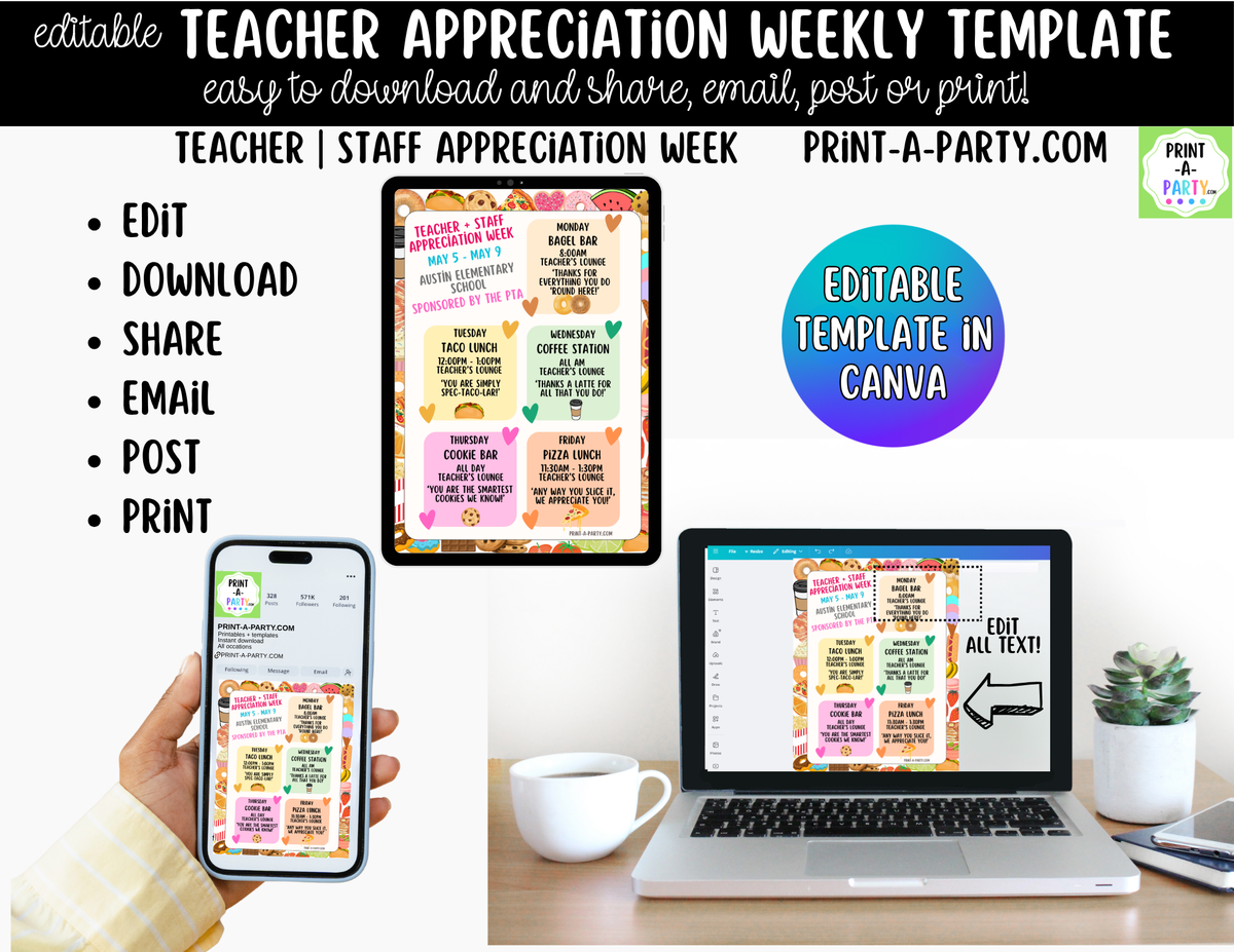 Teacher Appreciation Week Schedule Template – Editable Canva Planner f ...