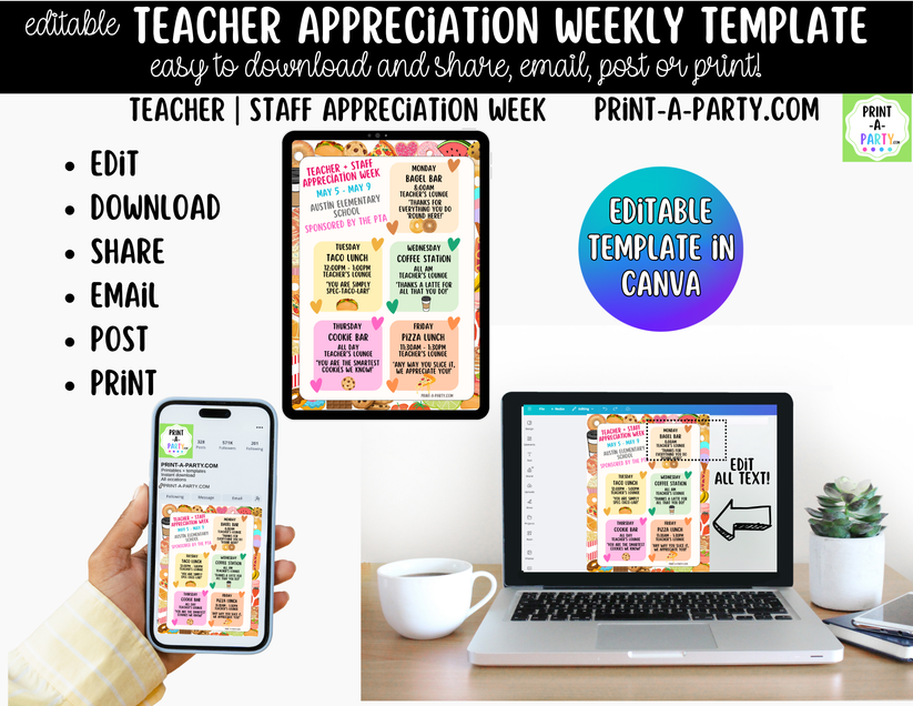 Teacher Appreciation Week Schedule Template – Editable Canva Planner f ...
