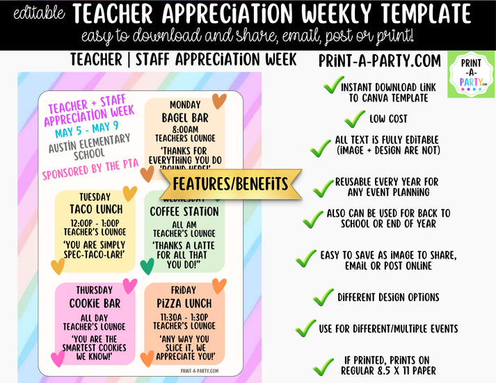 Teacher Appreciation Week Schedule Template – Editable Canva Planner f ...