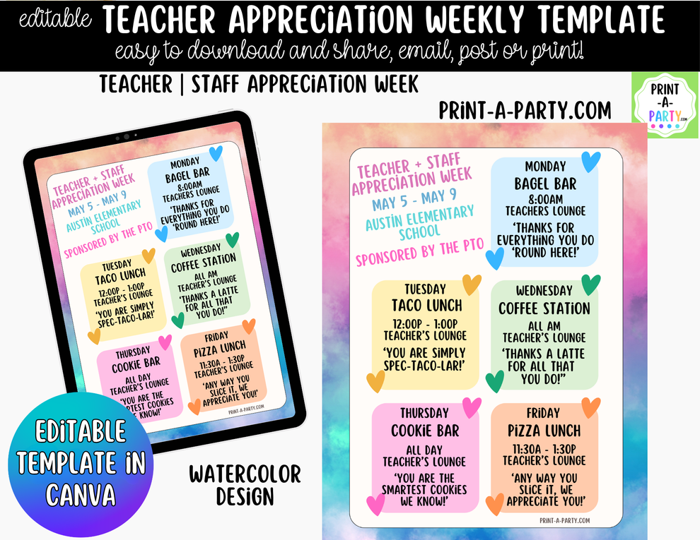 Teacher Appreciation Week Schedule Template – Editable Canva Planner f ...