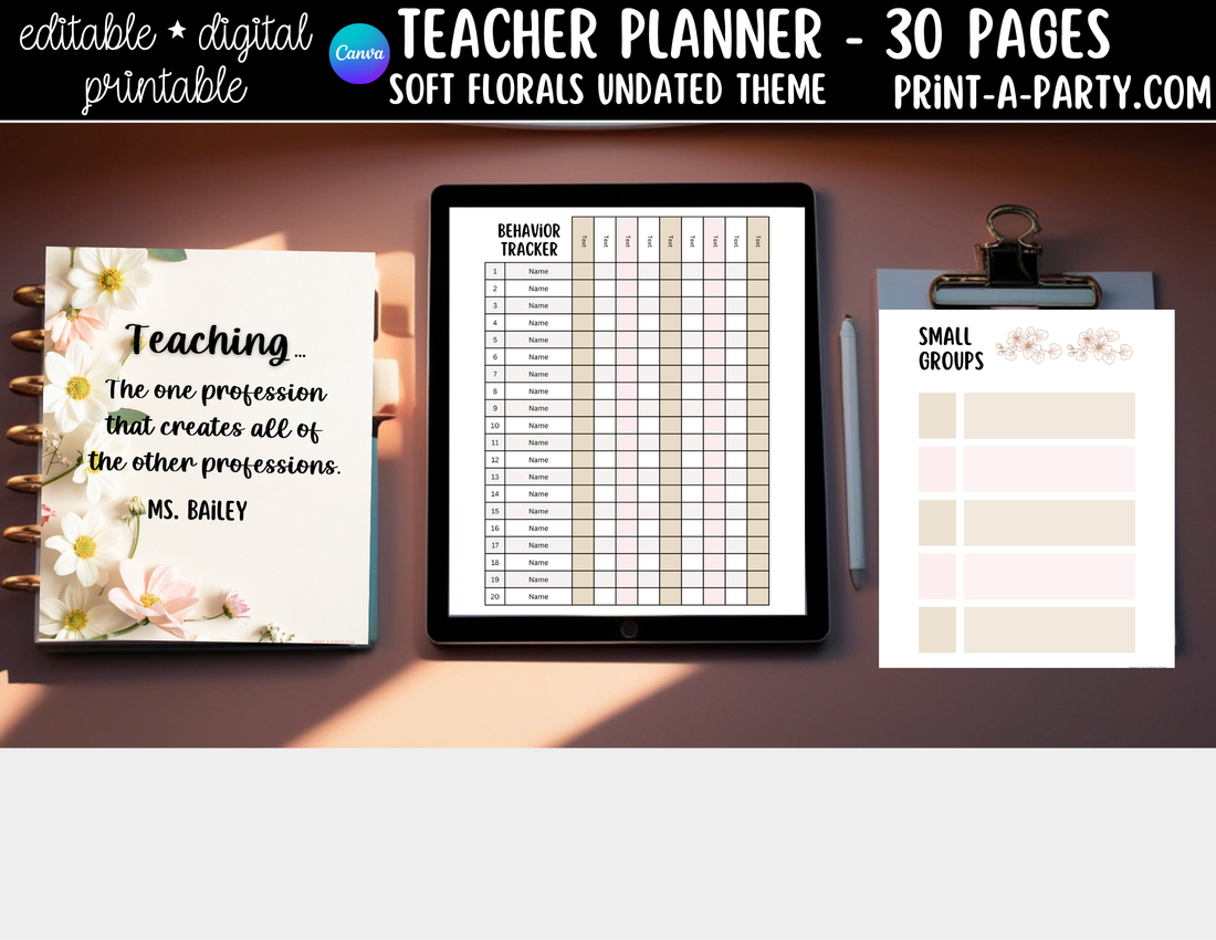 PLANNER: Editable Soft Florals Teacher Planner Undated | 30-Page Canva ...
