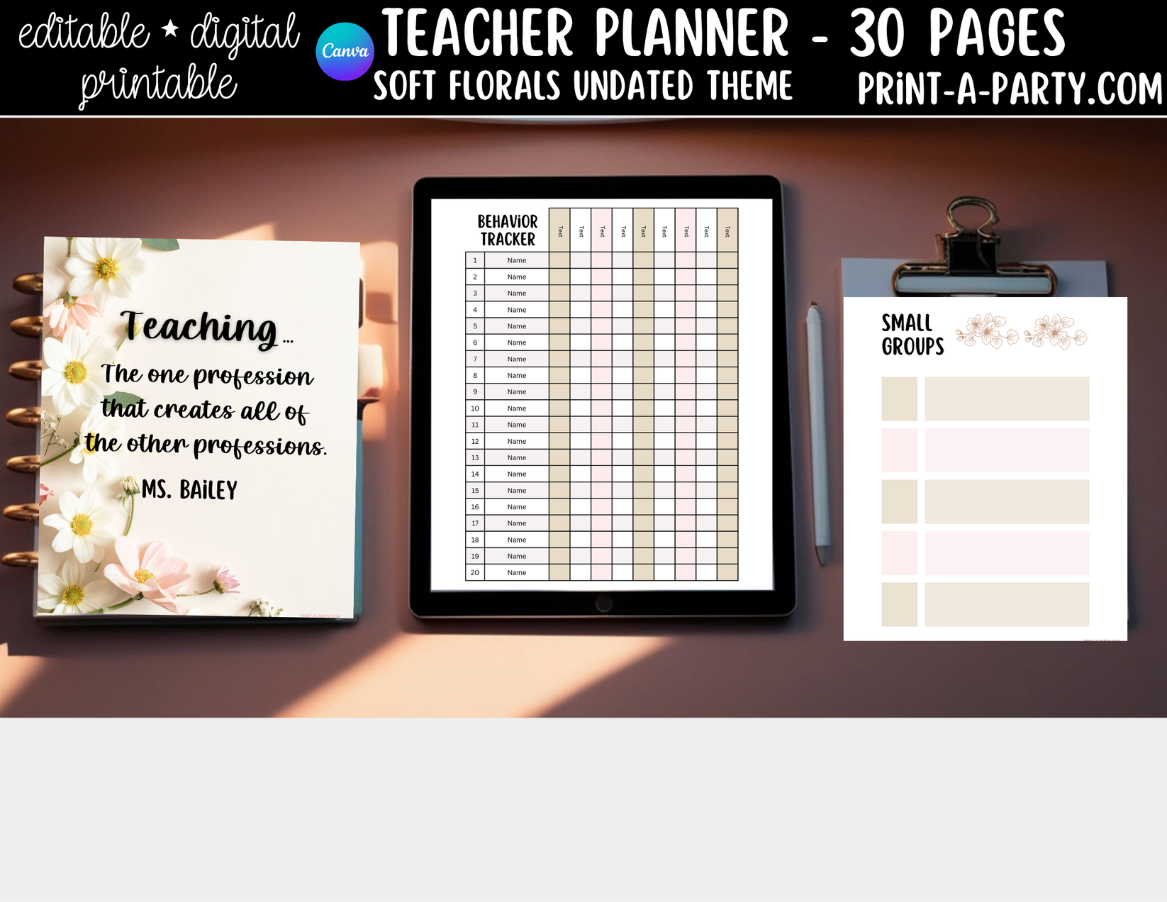 PLANNER: Editable Soft Florals Teacher Planner Undated | 30-Page Canva ...