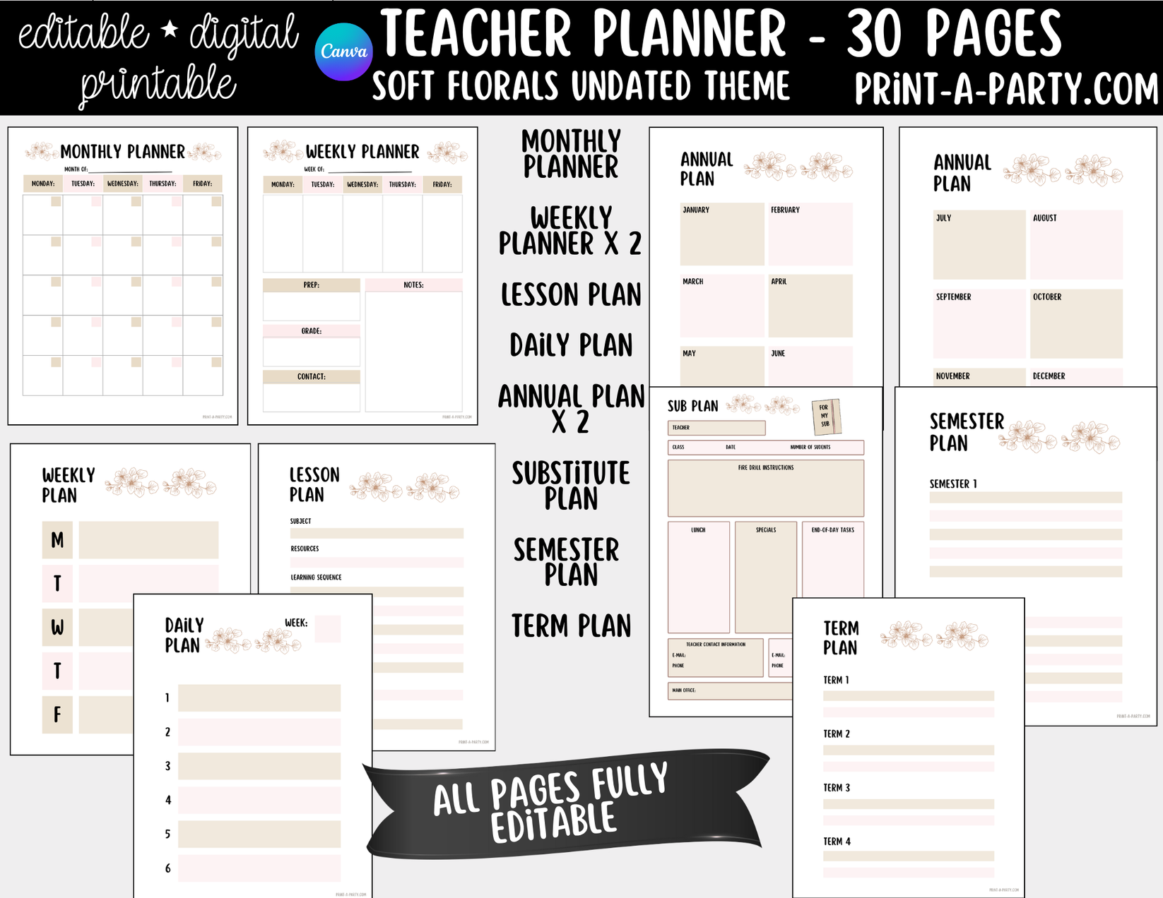 PLANNER: Editable Soft Florals Teacher Planner Undated | 30-Page Canva ...