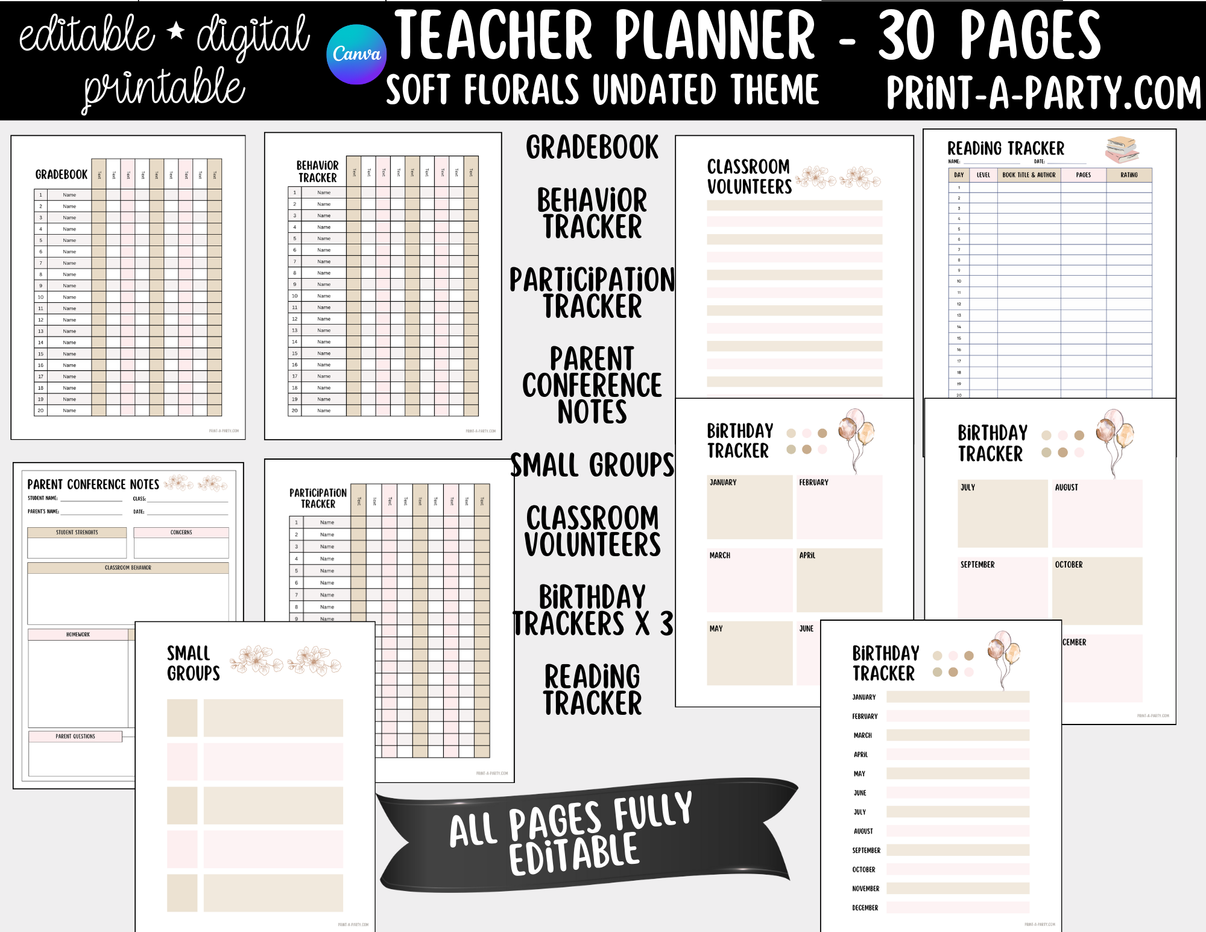 PLANNER: Editable Soft Florals Teacher Planner Undated | 30-Page Canva ...