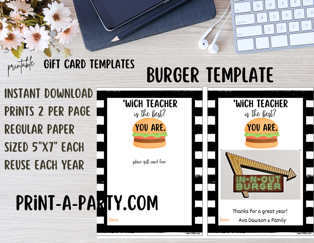 Teacher Gift Card Templates for Whataburger, Chik Fil A, Tacos, Burgers ...