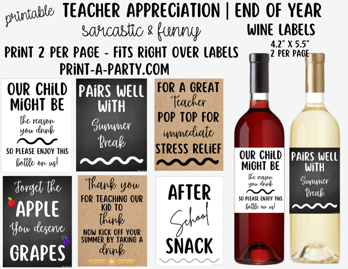 Wine Labels Sarcastic Teacher Wine Labels Printable - Funny Teacher Ap ...