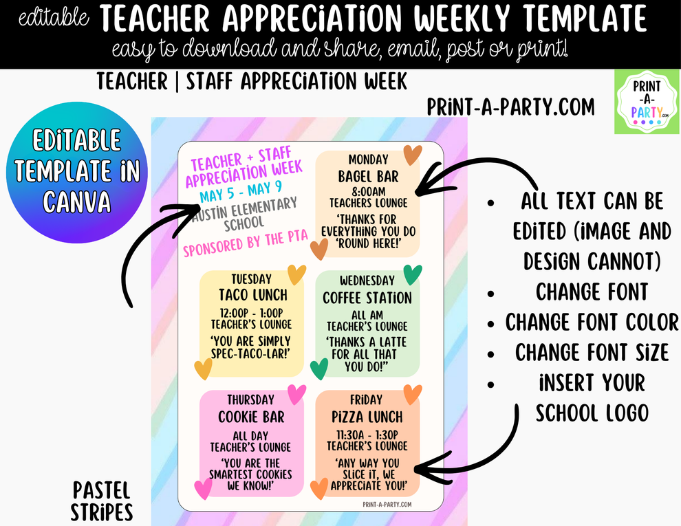 Teacher Appreciation Week Schedule Template – Editable Canva Planner f ...
