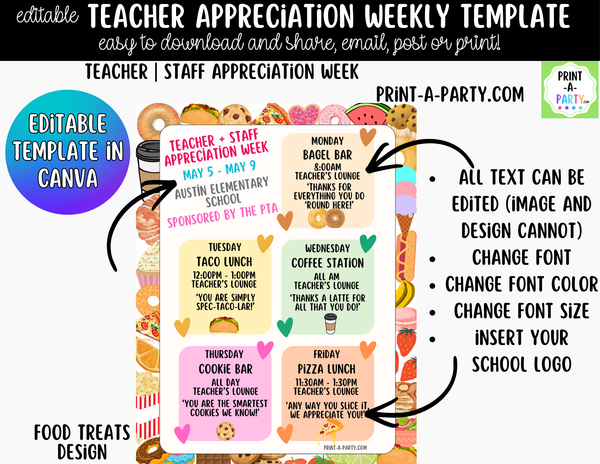 Teacher Appreciation Week Schedule Template – Editable Canva Planner f ...