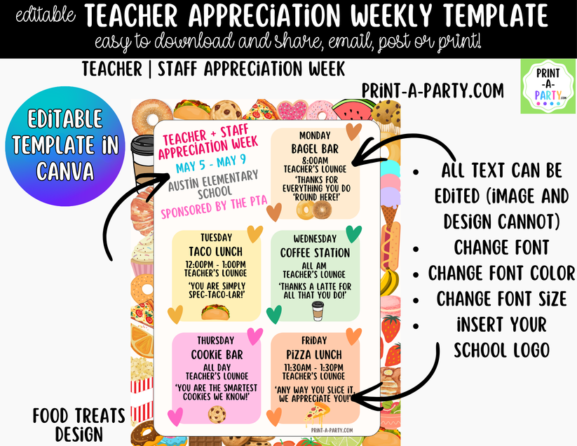 Teacher Appreciation Week Schedule Template – Editable Canva Planner f ...